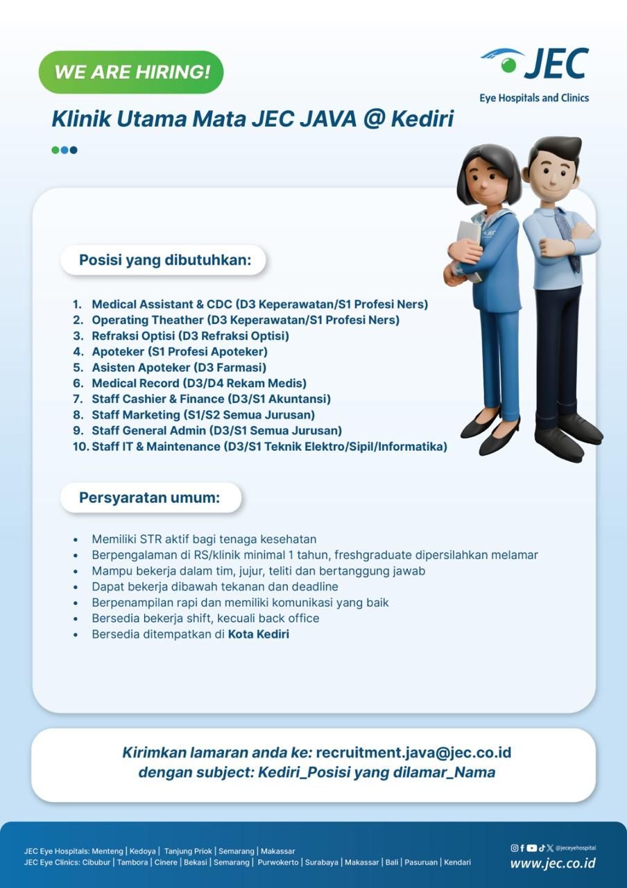 Lowongan Klinik Utama Mata JEC Java @Kediri - Alumni UNUSA